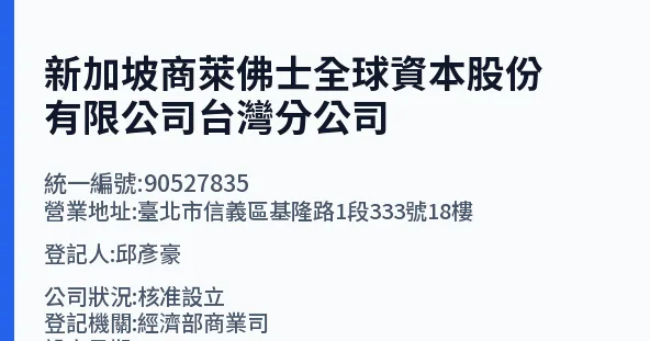 新加坡商萊佛士全球資本股份有限公司台灣分公司的照片-統編 90527835(臺北市) 公司登記資料與營業項目詳細圖表