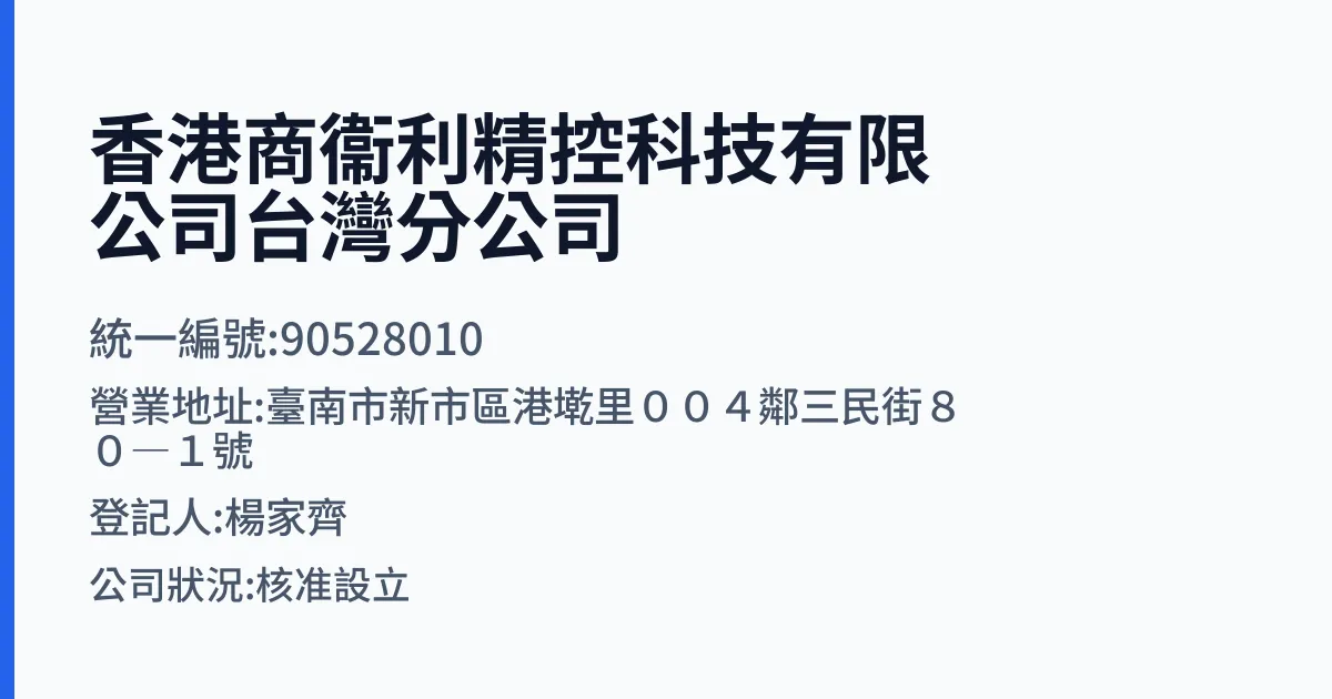 香港商衞利精控科技有限公司台灣分公司 - 統編 90528010(臺南市) 公司登記資料與營業項目詳細圖表