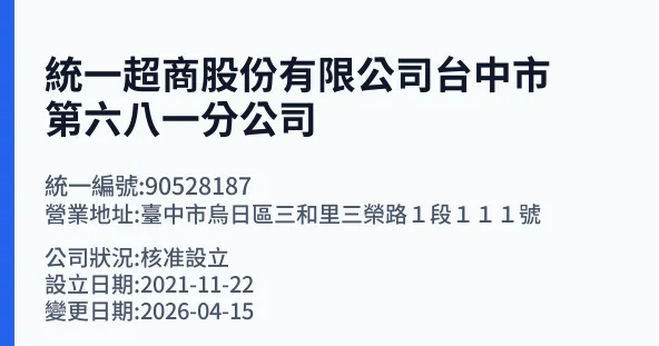統一超商股份有限公司台中市第六八一分公司的照片-統編 90528187(臺中市) 公司登記資料與營業項目詳細圖表