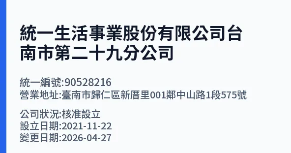 統一生活事業股份有限公司台南市第二十九分公司的照片-統編 90528216(臺南市) 公司登記資料與營業項目詳細圖表