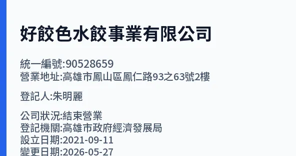 好餃色水餃事業有限公司的照片-統編 90528659(高雄市) 公司登記資料與營業項目詳細圖表