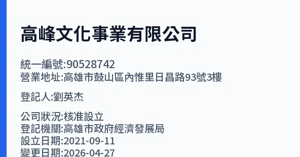 高峰文化事業有限公司的照片-統編 90528742(高雄市) 公司登記資料與營業項目詳細圖表