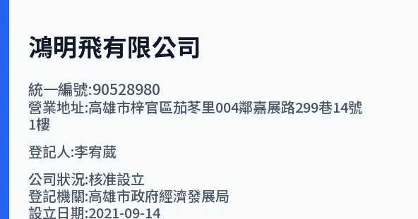 鴻明飛有限公司的照片-統編 90528980(高雄市) 公司登記資料與營業項目詳細圖表