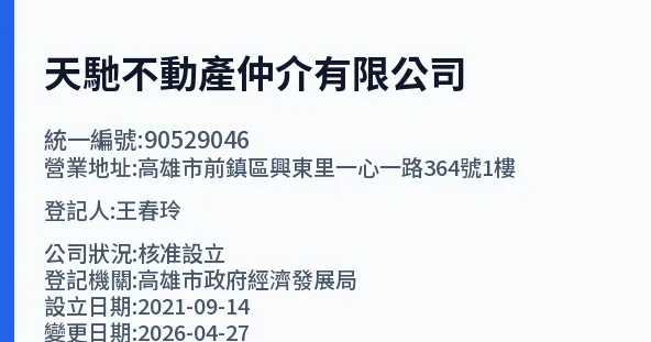 天馳不動產仲介有限公司的照片-統編 90529046(高雄市) 公司登記資料與營業項目詳細圖表