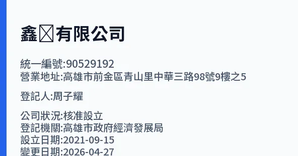 鑫纅有限公司的照片-統編 90529192(高雄市) 公司登記資料與營業項目詳細圖表