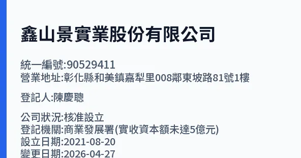 鑫山景實業股份有限公司的照片-統編 90529411(彰化縣) 公司登記資料與營業項目詳細圖表
