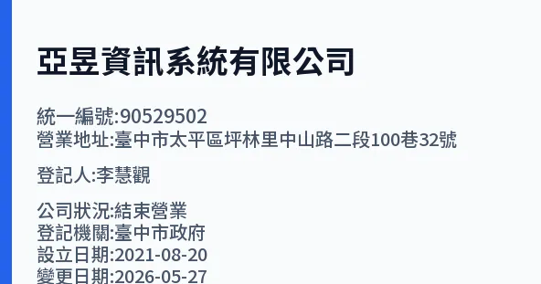 亞昱資訊系統有限公司的照片-統編 90529502(臺中市) 公司登記資料與營業項目詳細圖表