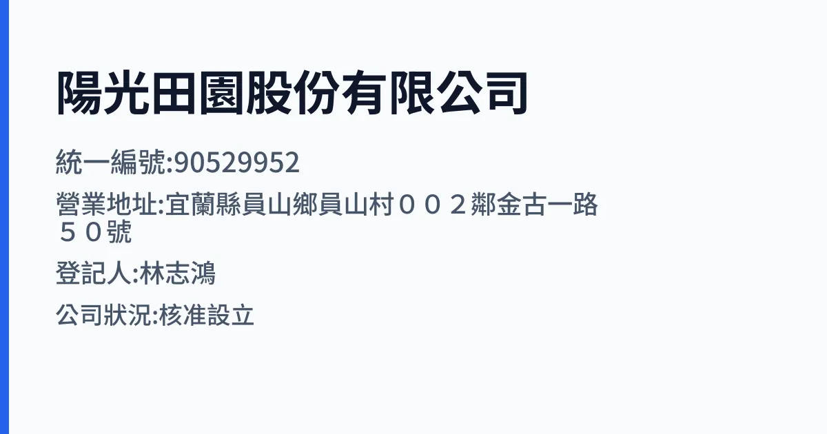 陽光田園股份有限公司 - 統編 90529952(宜蘭縣) 公司登記資料與營業項目詳細圖表