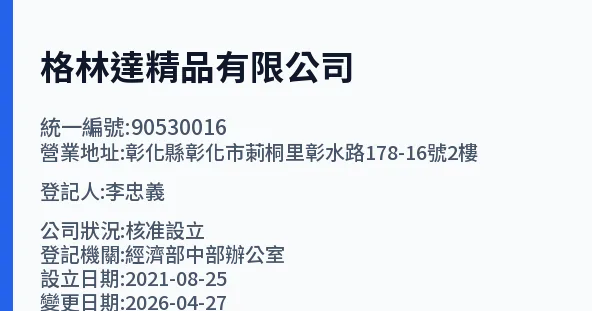 格林達精品有限公司的照片-統編 90530016(彰化縣) 公司登記資料與營業項目詳細圖表