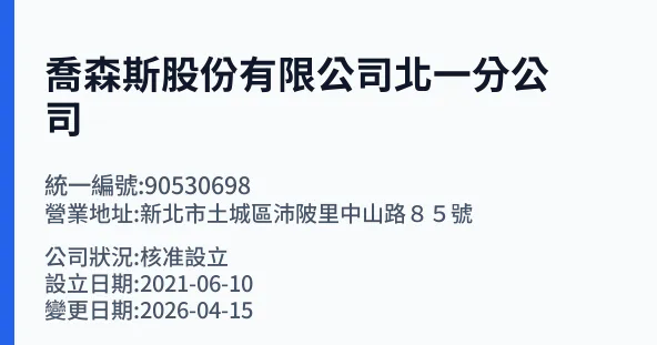 喬森斯股份有限公司北一分公司的照片-統編 90530698(新北市) 公司登記資料與營業項目詳細圖表