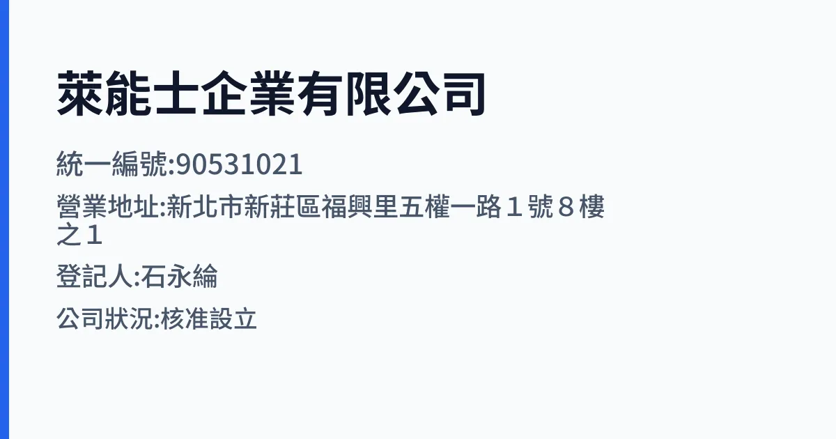 萊能士企業有限公司 - 統編 90531021(新北市) 公司登記資料與營業項目詳細圖表