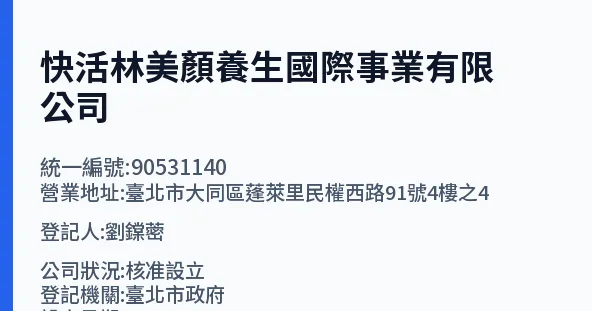 快活林美顏養生國際事業有限公司的照片-統編 90531140(臺北市) 公司登記資料與營業項目詳細圖表