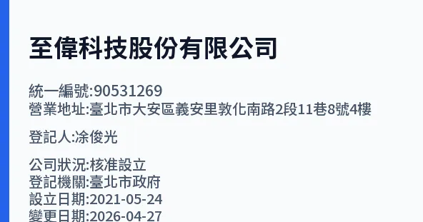 至偉科技股份有限公司的照片-統編 90531269(臺北市) 公司登記資料與營業項目詳細圖表