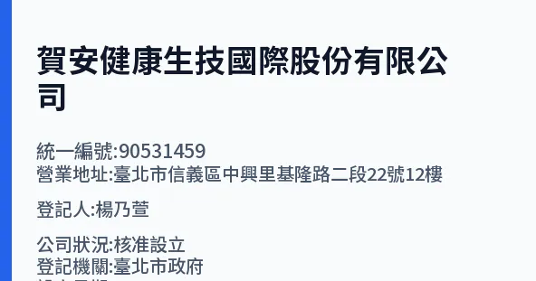 賀安健康生技國際股份有限公司的照片-統編 90531459(臺北市) 公司登記資料與營業項目詳細圖表
