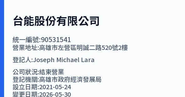 台能股份有限公司的照片-統編 90531541(高雄市) 公司登記資料與營業項目詳細圖表