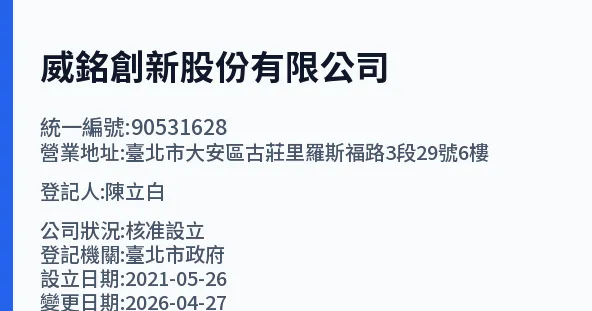威銘創新股份有限公司的照片-統編 90531628(臺北市) 公司登記資料與營業項目詳細圖表