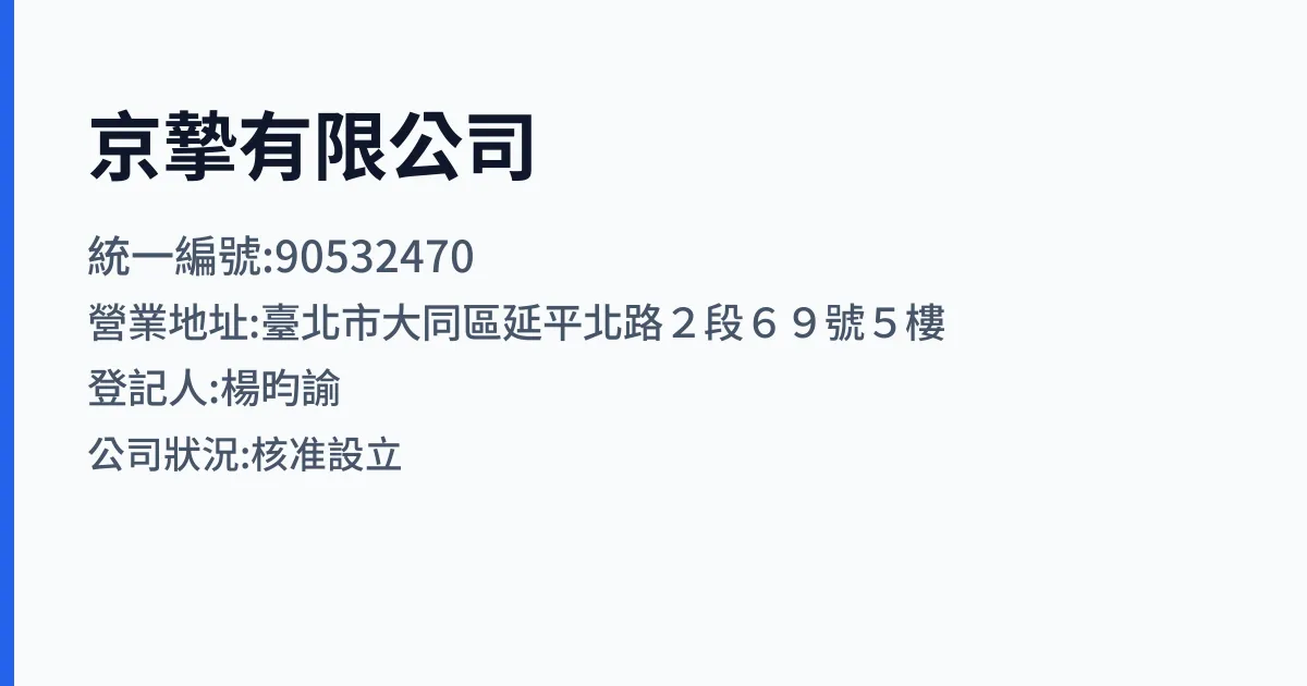 京摯有限公司 - 統編 90532470(臺北市) 公司登記資料與營業項目詳細圖表