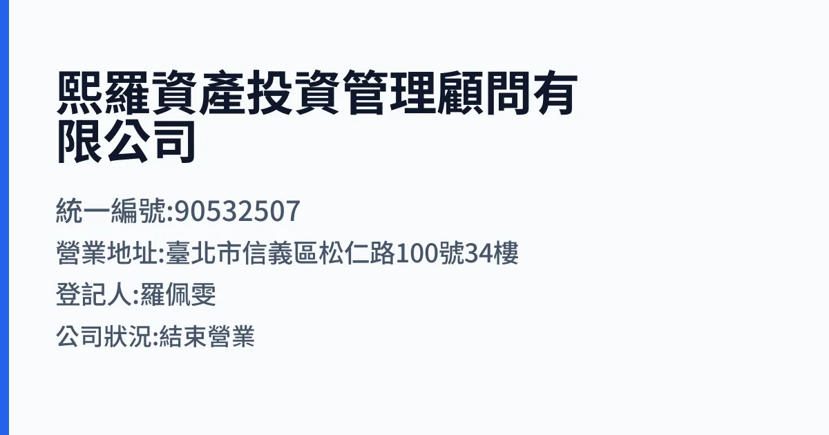 熙羅資產投資管理顧問有限公司 - 統編 90532507(臺北市) 公司登記資料與營業項目詳細圖表