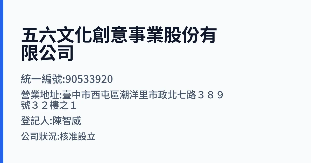 五六文化創意事業股份有限公司 - 統編 90533920(臺中市) 公司登記資料與營業項目詳細圖表