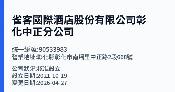 雀客國際酒店股份有限公司彰化中正分公司的照片-統編 90533983(彰化縣) 公司登記資料與營業項目詳細圖表