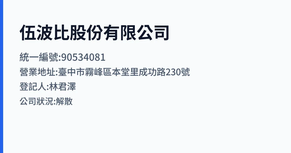 伍波比股份有限公司 - 統編 90534081(臺中市) 公司登記資料與營業項目詳細圖表