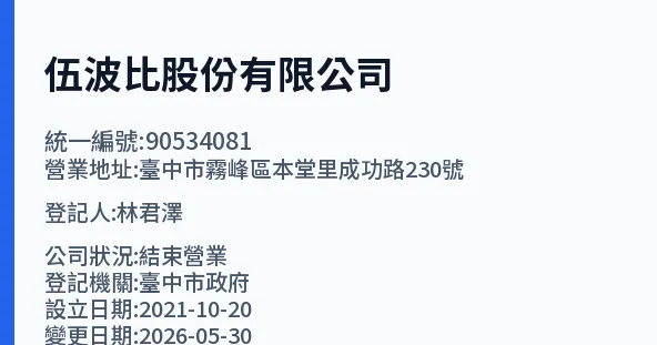 伍波比股份有限公司的照片-統編 90534081(臺中市) 公司登記資料與營業項目詳細圖表