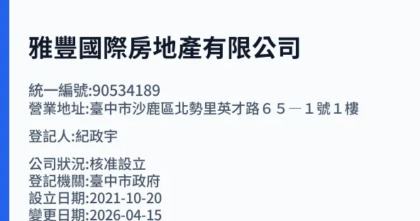 雅豐國際房地產有限公司的照片-統編 90534189(臺中市) 公司登記資料與營業項目詳細圖表