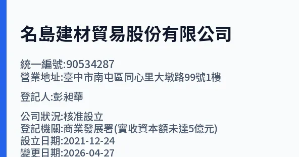 名島建材貿易股份有限公司的照片-統編 90534287(臺中市) 公司登記資料與營業項目詳細圖表