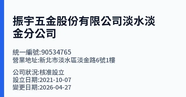 振宇五金股份有限公司淡水淡金分公司的照片-統編 90534765(新北市) 公司登記資料與營業項目詳細圖表