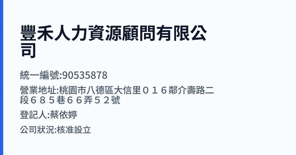 豐禾人力資源顧問有限公司 - 統編 90535878(桃園市) 公司登記資料與營業項目詳細圖表