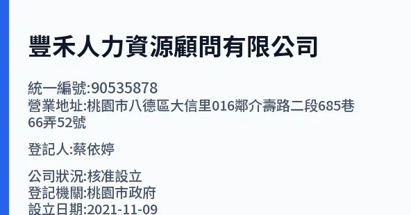 豐禾人力資源顧問有限公司的照片-統編 90535878(桃園市) 公司登記資料與營業項目詳細圖表