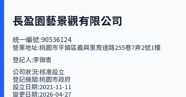 長盈園藝景觀有限公司的照片-統編 90536124(桃園市) 公司登記資料與營業項目詳細圖表