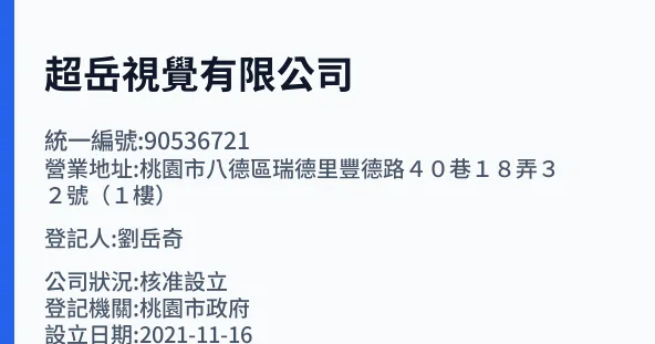 超岳視覺有限公司的照片-統編 90536721(桃園市) 公司登記資料與營業項目詳細圖表
