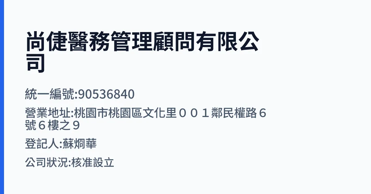 尚倢醫務管理顧問有限公司 - 統編 90536840(桃園市) 公司登記資料與營業項目詳細圖表