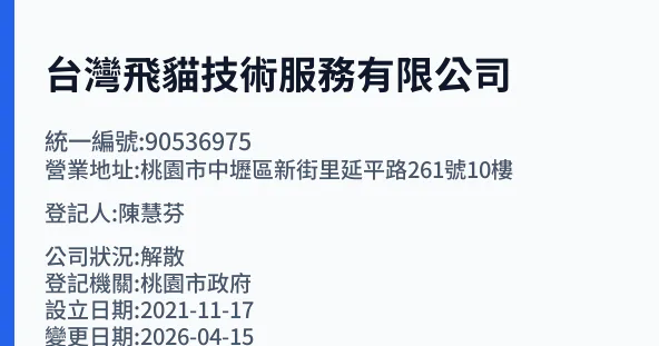 台灣飛貓技術服務有限公司的照片-統編 90536975(桃園市) 公司登記資料與營業項目詳細圖表