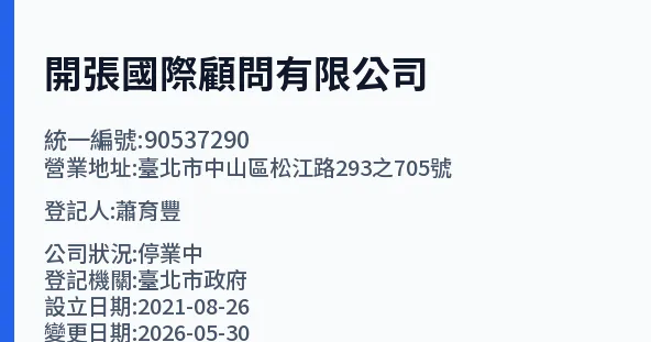 開張國際顧問有限公司的照片-統編 90537290(臺北市) 公司登記資料與營業項目詳細圖表