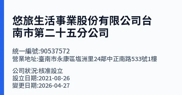 悠旅生活事業股份有限公司台南市第二十五分公司的照片-統編 90537572(臺南市) 公司登記資料與營業項目詳細圖表