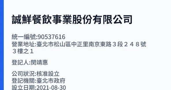 誠鮮餐飲事業股份有限公司的照片-統編 90537616(臺北市) 公司登記資料與營業項目詳細圖表