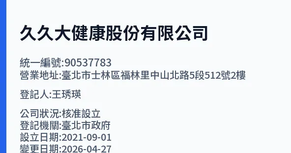 久久大健康股份有限公司的照片-統編 90537783(臺北市) 公司登記資料與營業項目詳細圖表