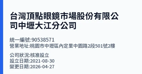 台灣頂點眼鏡市場股份有限公司中壢大江分公司的照片-統編 90538571(桃園市) 公司登記資料與營業項目詳細圖表