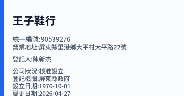 王子鞋行的照片-統編 90539276(屏東縣) 公司登記資料與營業項目詳細圖表
