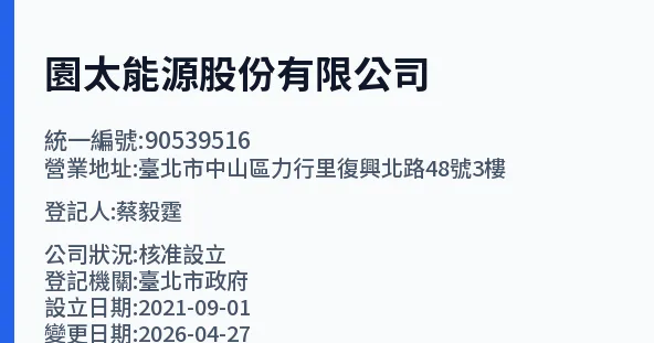 園太能源股份有限公司的照片-統編 90539516(臺北市) 公司登記資料與營業項目詳細圖表