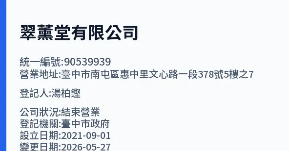 翠薰堂有限公司的照片-統編 90539939(臺中市) 公司登記資料與營業項目詳細圖表