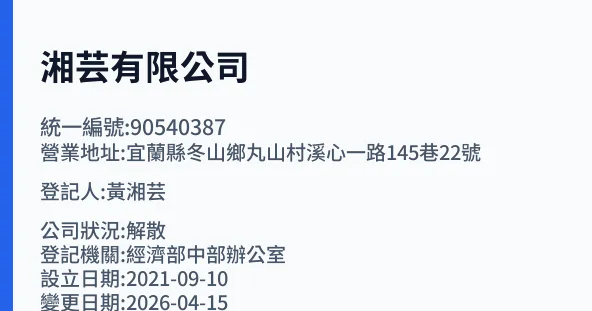 湘芸有限公司的照片-統編 90540387(宜蘭縣) 公司登記資料與營業項目詳細圖表