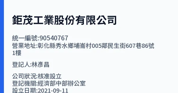 鉅茂工業股份有限公司的照片-統編 90540767(彰化縣) 公司登記資料與營業項目詳細圖表
