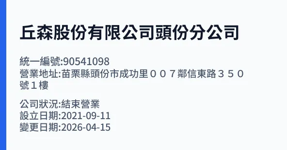 丘森股份有限公司頭份分公司的照片-統編 90541098(苗栗縣) 公司登記資料與營業項目詳細圖表