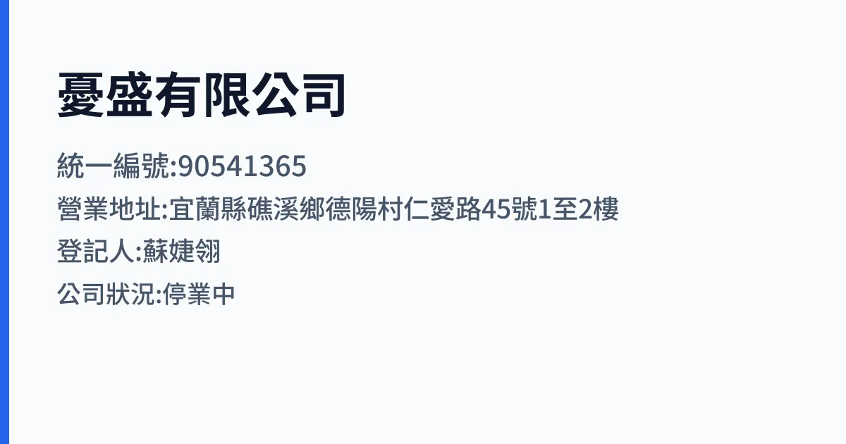 憂盛有限公司 - 統編 90541365(宜蘭縣) 公司登記資料與營業項目詳細圖表