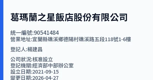 葛瑪蘭之星飯店股份有限公司的照片-統編 90541484(宜蘭縣) 公司登記資料與營業項目詳細圖表
