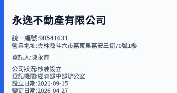 永逸不動產有限公司的照片-統編 90541631(雲林縣) 公司登記資料與營業項目詳細圖表