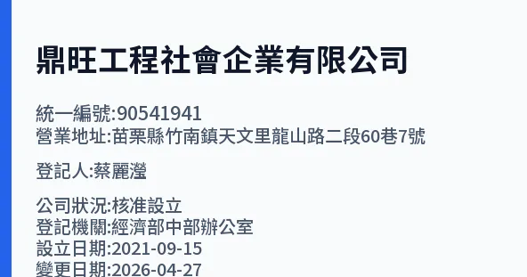 鼎旺工程社會企業有限公司的照片-統編 90541941(苗栗縣) 公司登記資料與營業項目詳細圖表